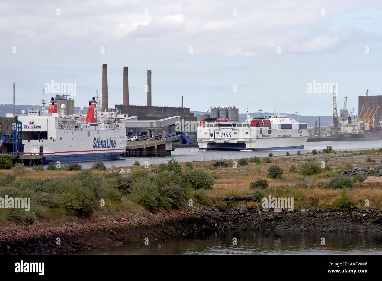 Port of Belfast Harbour with ships and ferries in City of Belfast ...