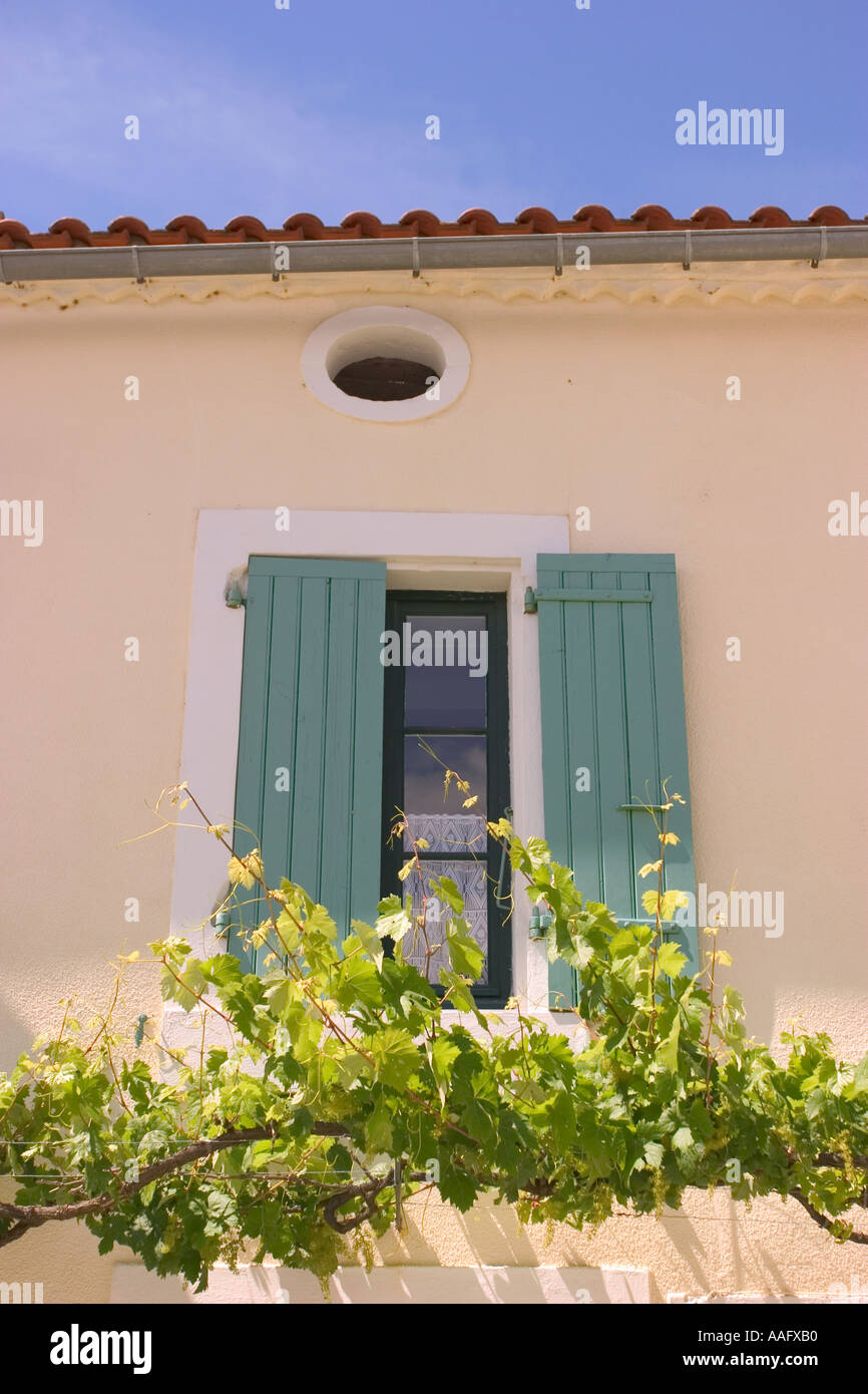 wall frontage of house with blue windows and shutters with open ...