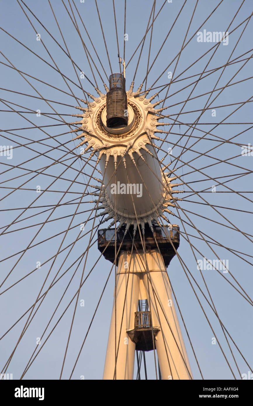BA London Eye spindle and spokes in evening light on South Bank from ...