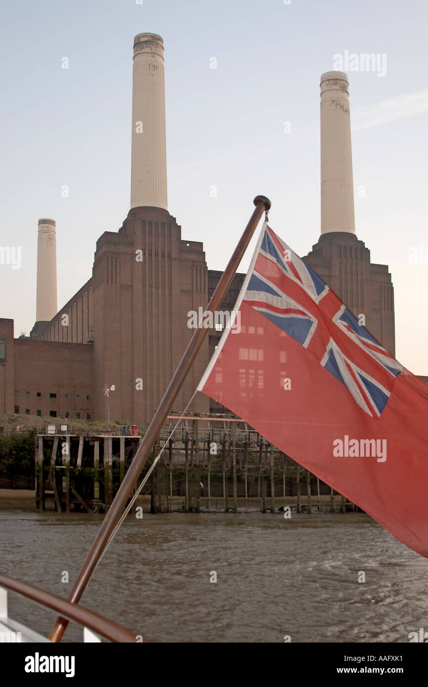 Battersea Power Station with red ensign British merchant vessel flag in ...
