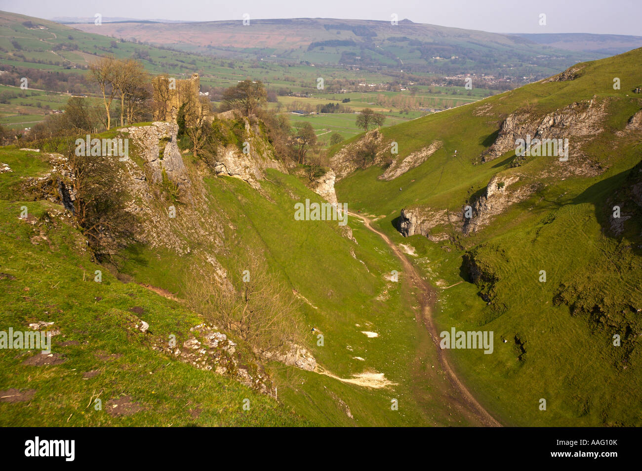 Cavedale near Castleton looking towards the town and Peveril Castle ...