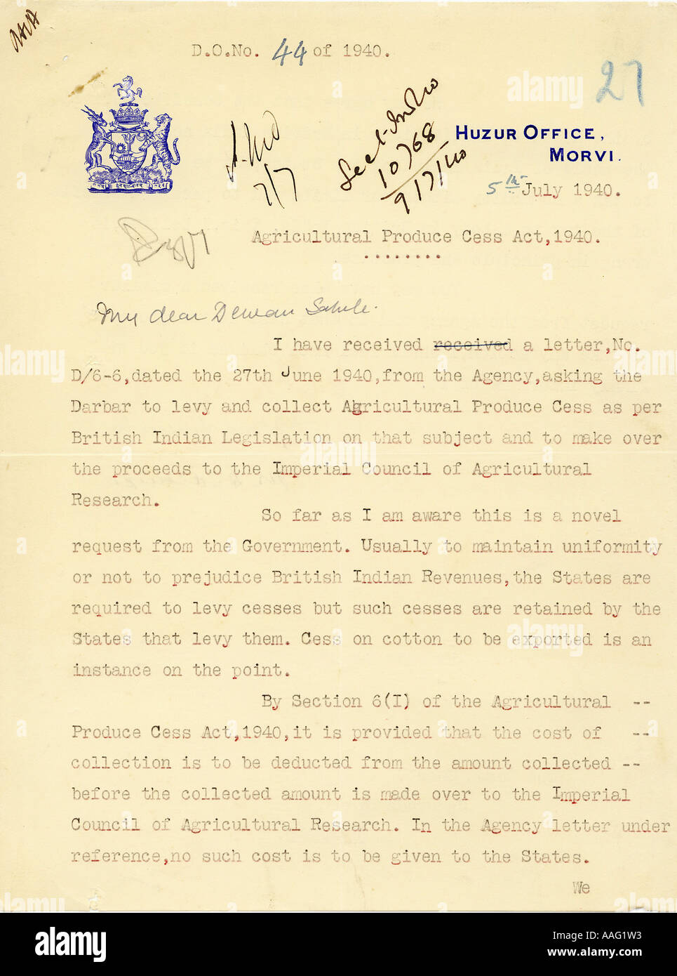 Letter with royal seal or Coat of Arms 5 July 1940 Morvi or Morbi ...