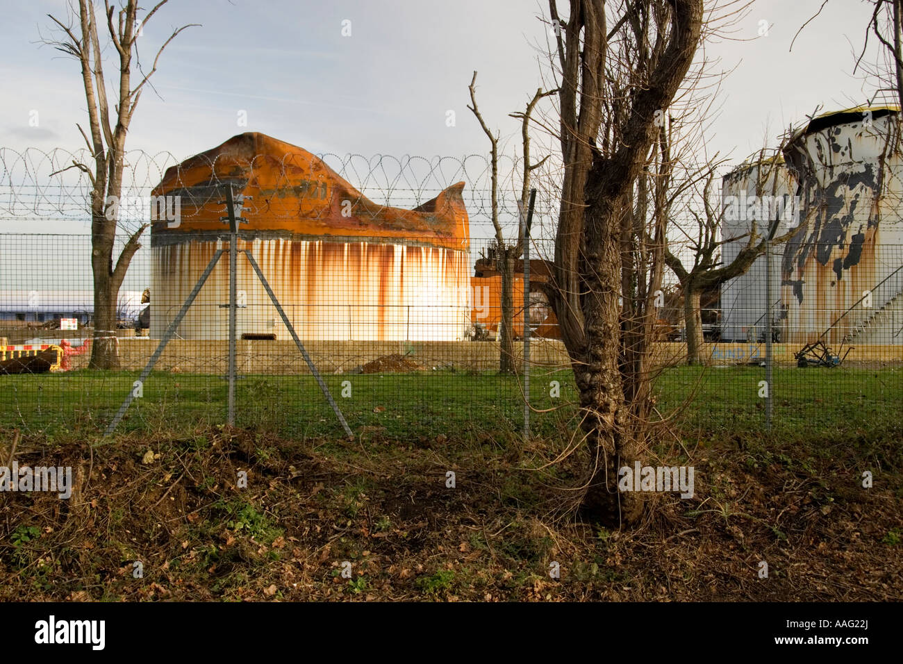 Damaged oil tank at Buncefield oil depot in Hemel Hempstead ...