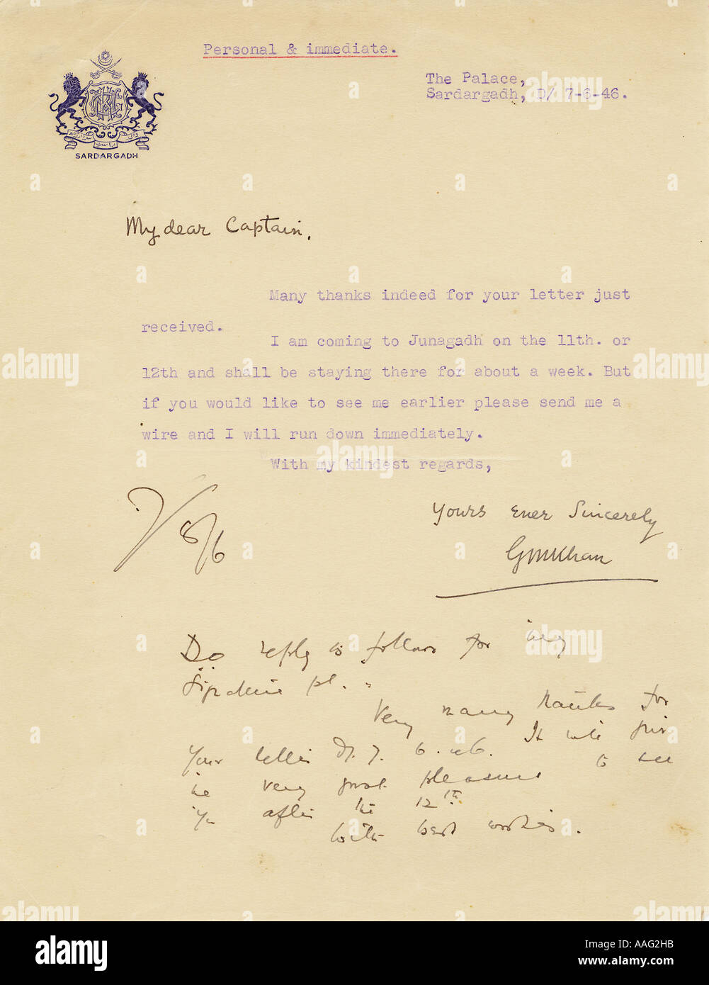 DDR78455 Letter in english with royal seal or Coat of Arms 7 may 1946 ...