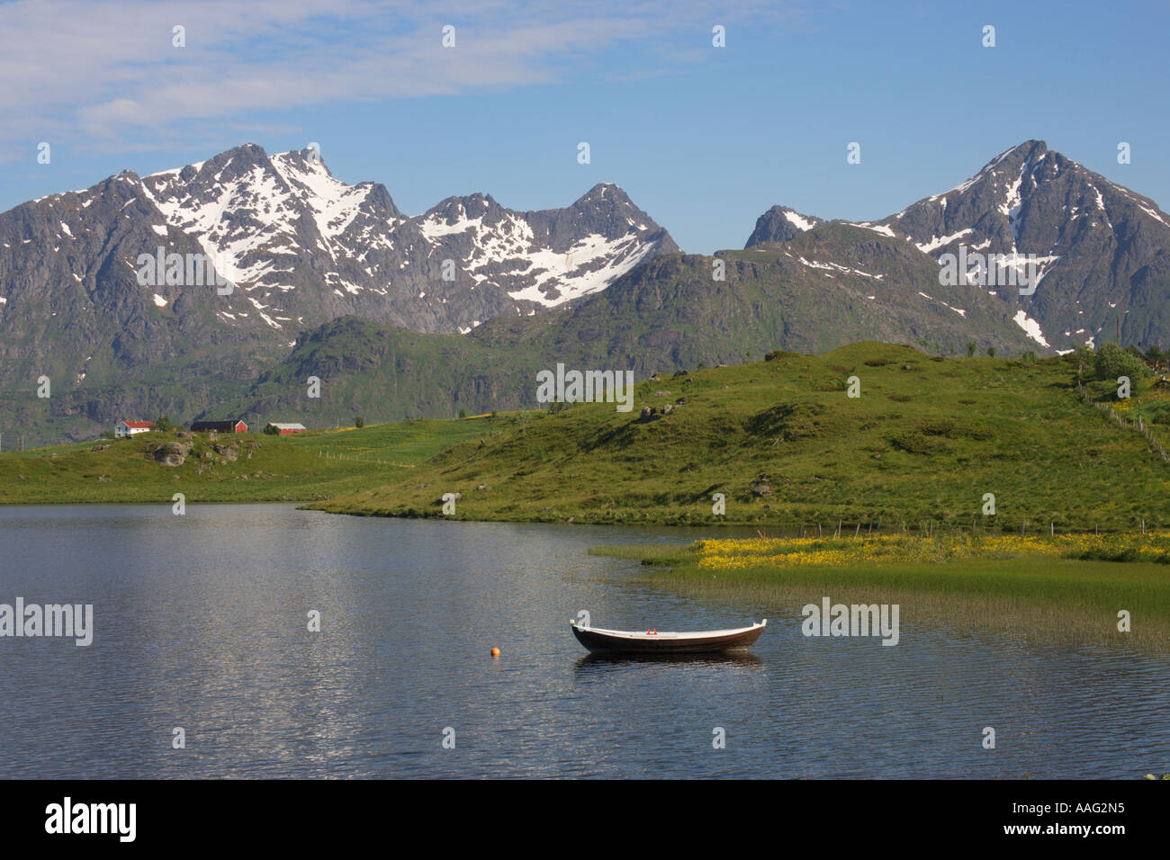 Lake with boat and mountain scenery Lofoten Islands Stock Photo - Alamy
