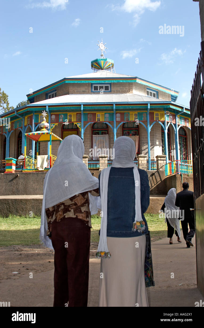 Two women with headscarfs outside Entoto Maryam Ethiopian orthodox ...