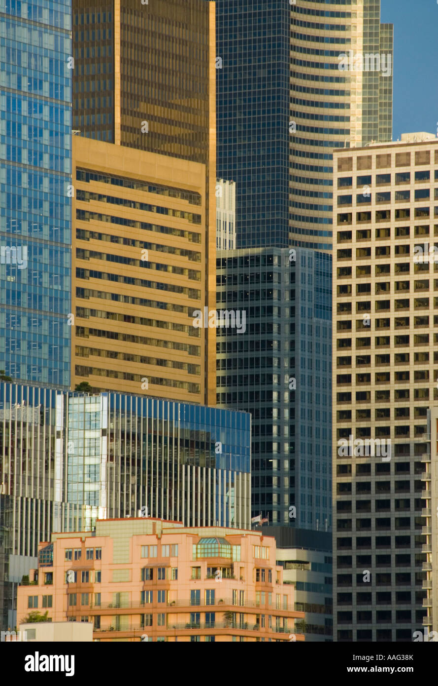 Compressed view of downtown office buildings at dusk Seattle Washington ...