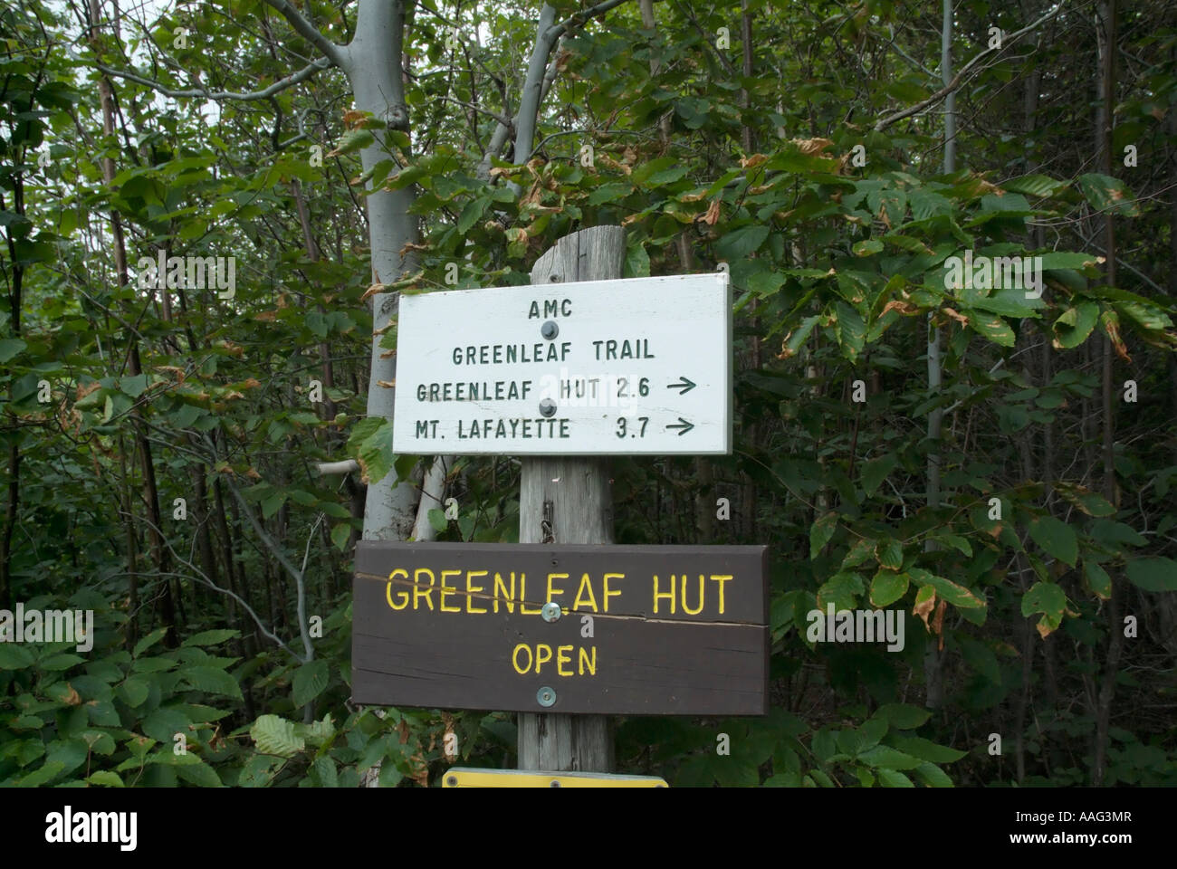 Greenleaf Hut sign at the start of Greenleaf Trail in the White ...