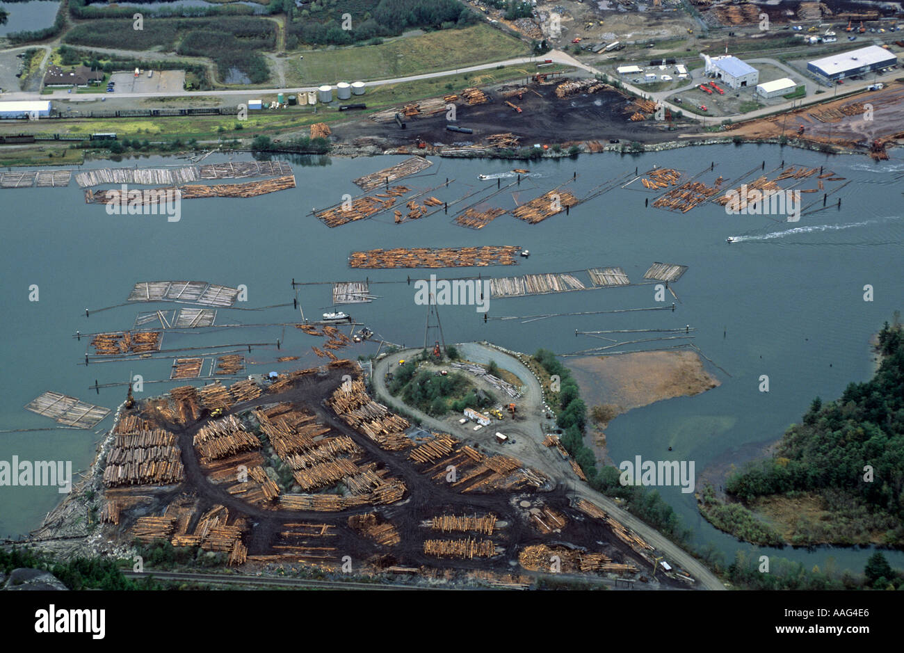 Log sorting yard and Squamish town Squamish River Estuary BC Canada ...