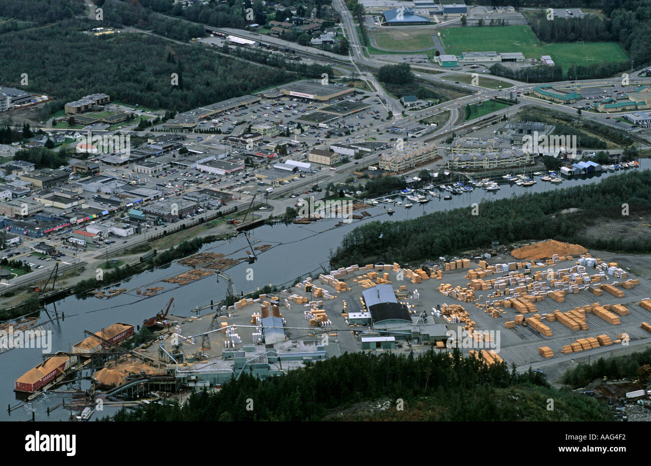 Log sorting yard and Squamish town Squamish River Estuary BC Canada ...