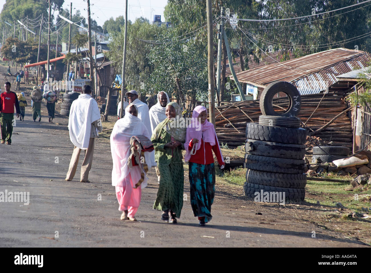 Moslem or muslim women walking in village of Dejen near Shafartak ...