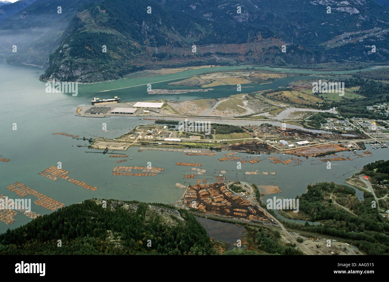 Log sorting yard and Squamish town Squamish River Estuary BC Canada ...