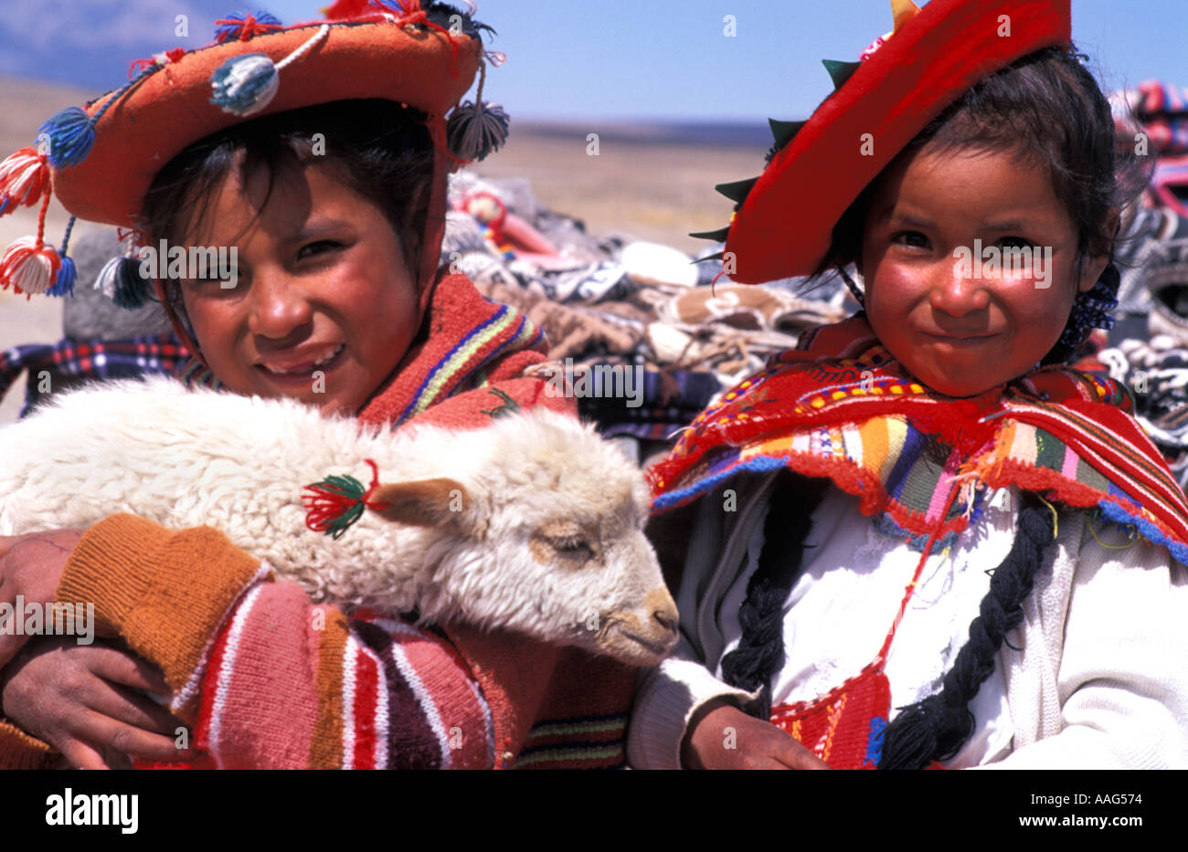 Quechua children in distinctive tribal costume with a lamb Near Chivay ...