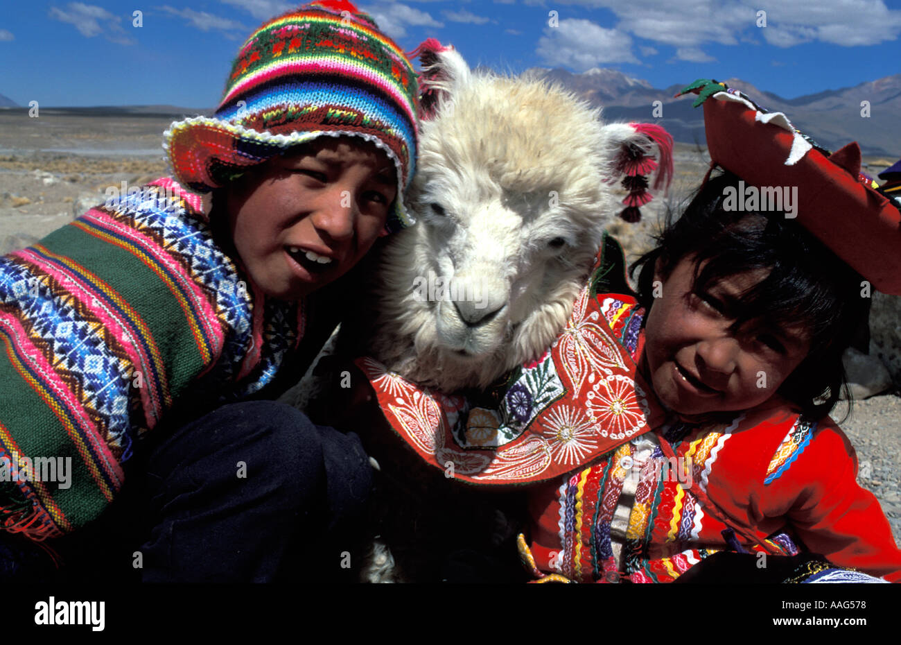 Quechua children in distinctive tribal costume with an alpaca Near ...