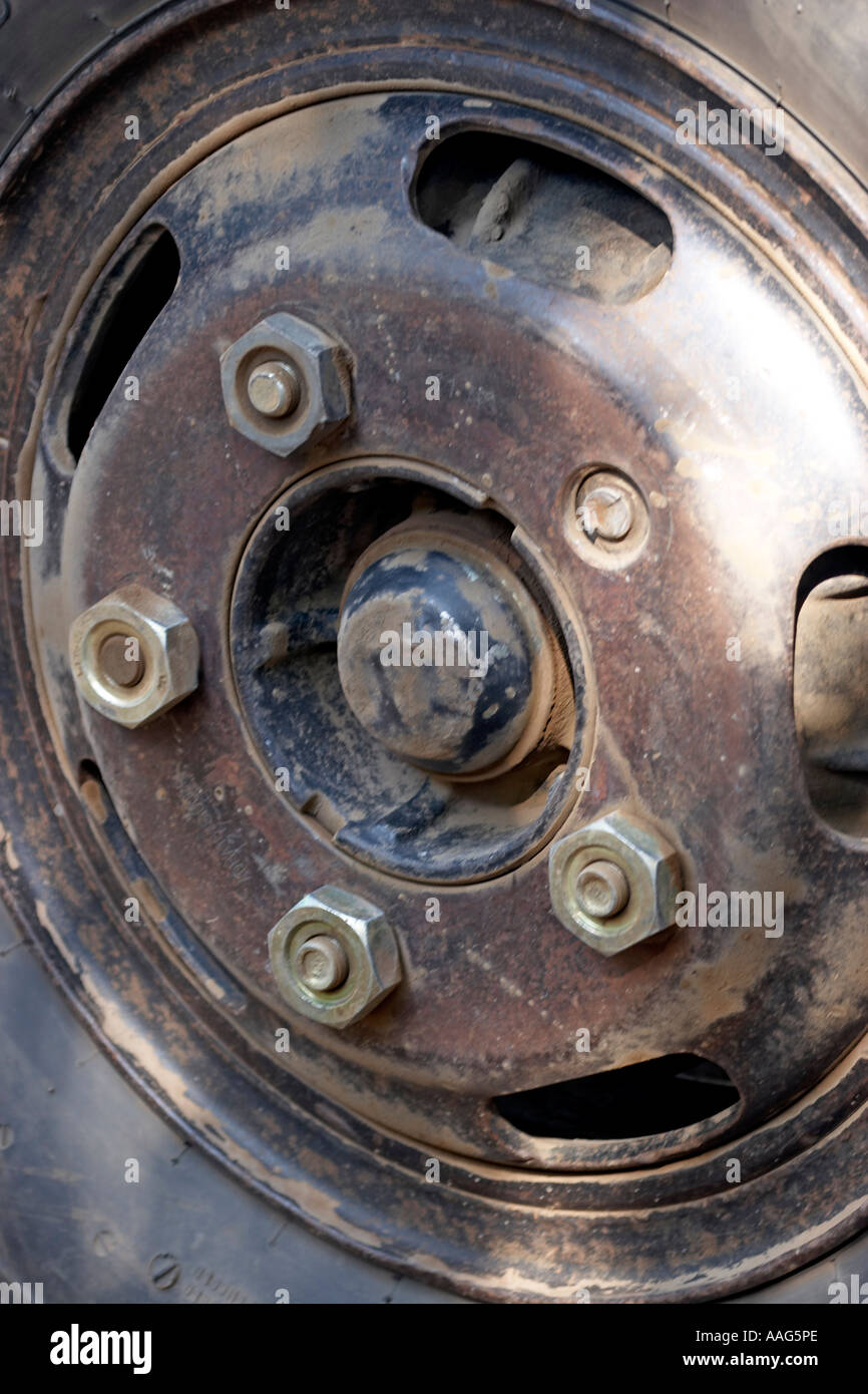 Dangerous condition of road vehicle with bolt sheared on road wheel in ...