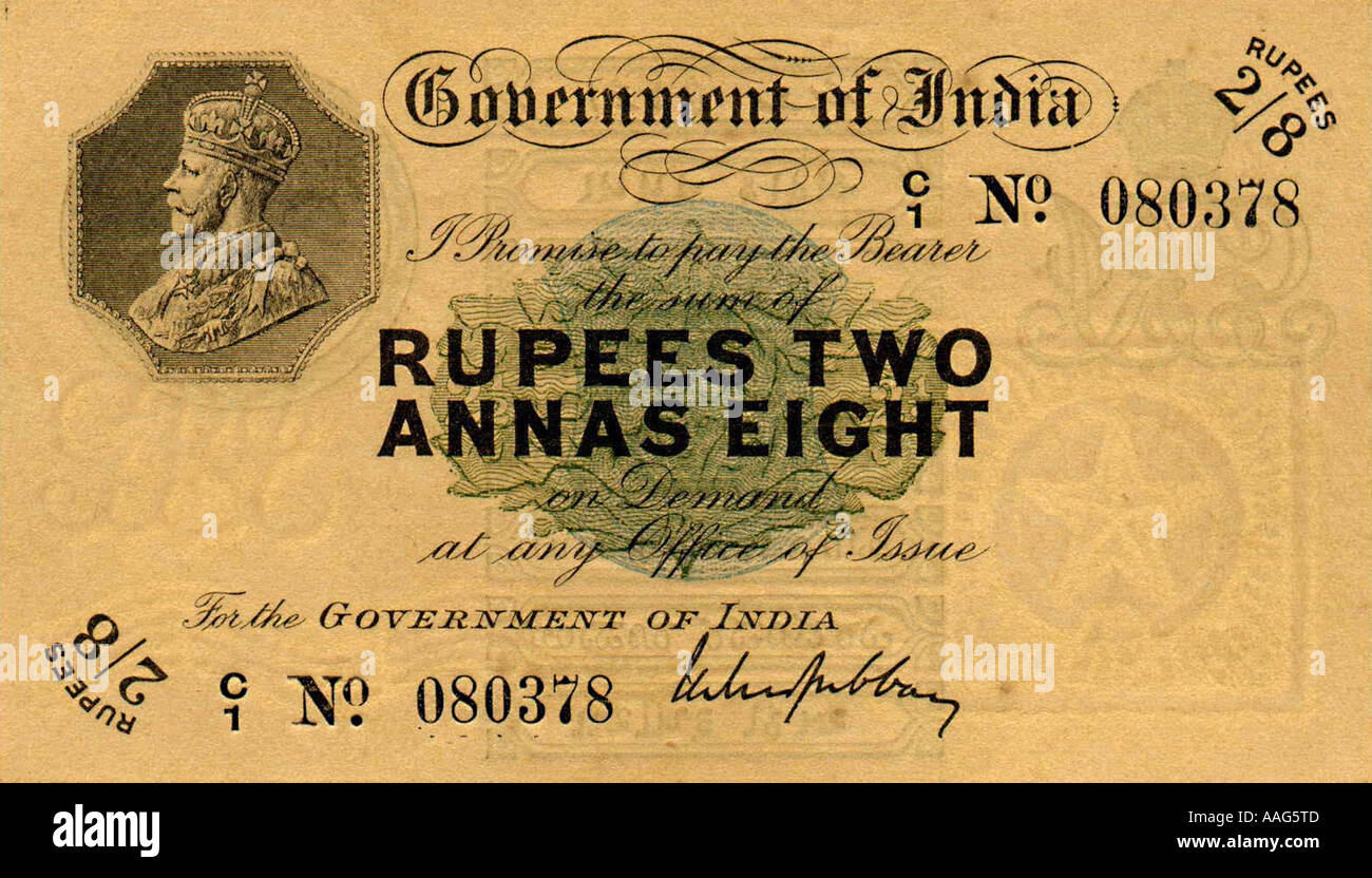 Rare bank note in Rupees two and eight anna this denomination with the ...