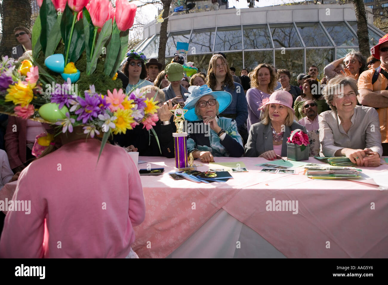 Contestant and judges in the Easter Bonnet contest at the Tavern on the ...