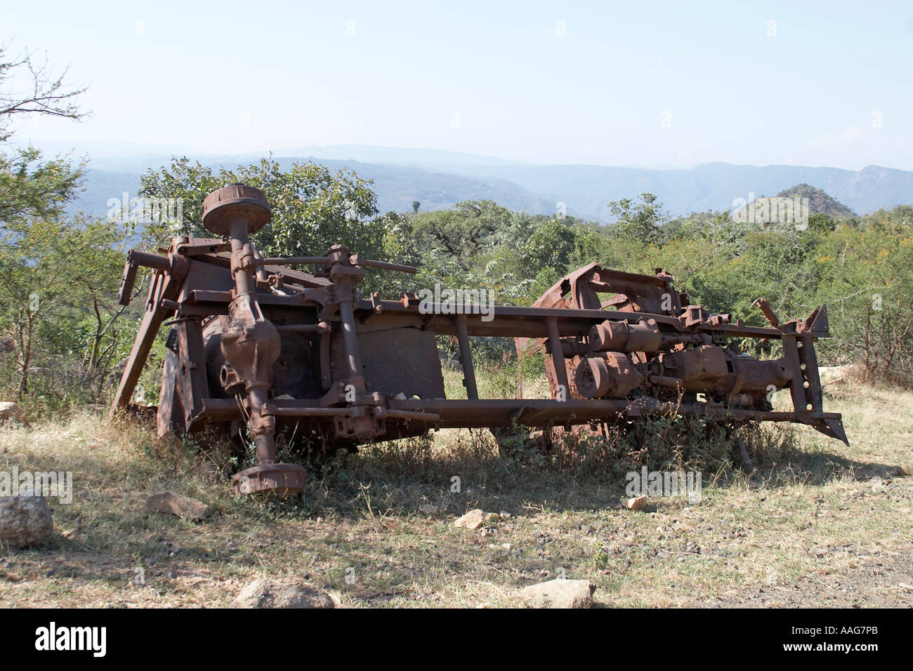 Wrecked burnt out rusty military vehicle chassis near Bure Bridge ...