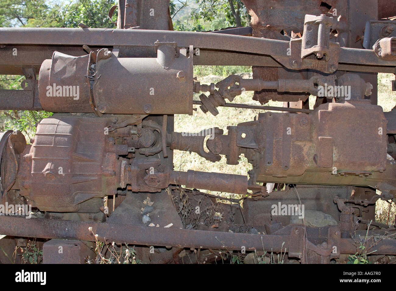 Wrecked burnt out rusty military vehicle chassis near Bure Bridge ...