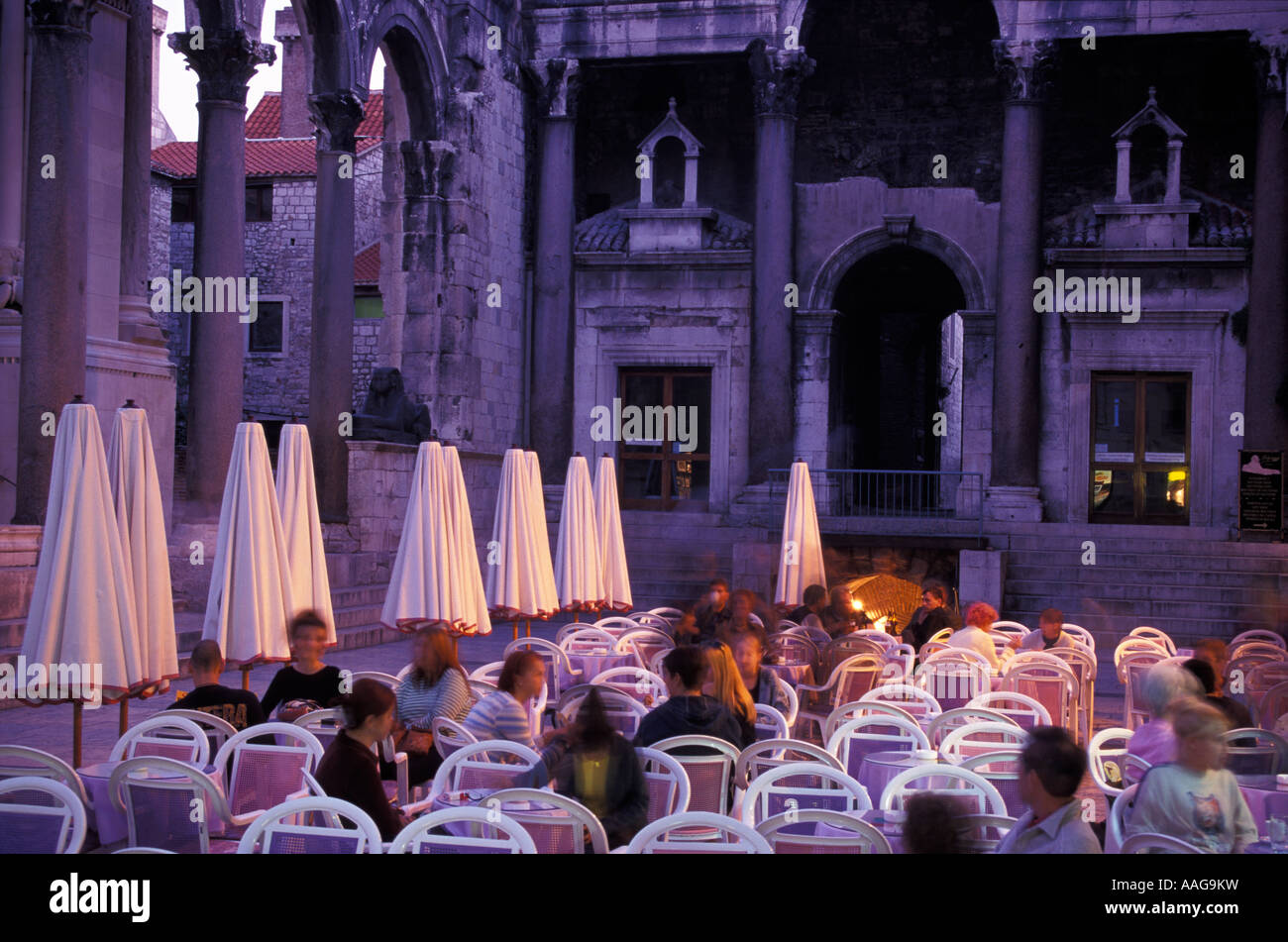People sitting in pavement cafe at Peristil Diocletian s Palace Split ...