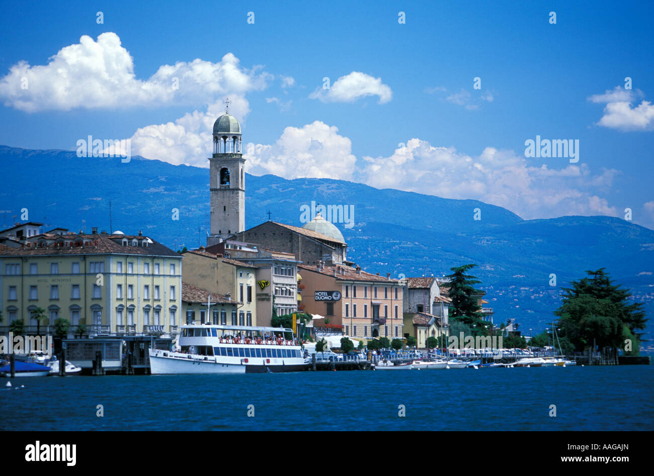 View over lake Garda to Salo with Duomo Salo Lake Garda Lombardy Italy ...