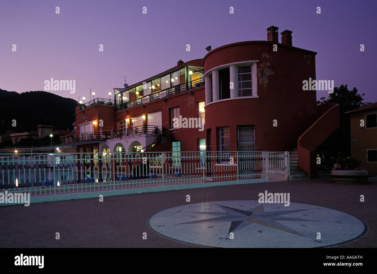 Illuminated building at night Levanto Liguria Italy Stock Photo - Alamy