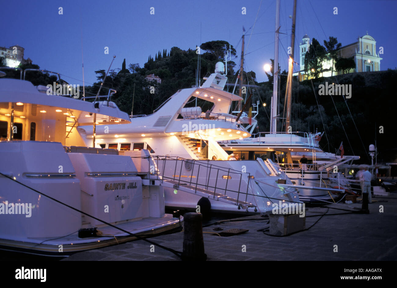 Illuminated yachts in harbour at night Portofino Liguria Italy Stock ...