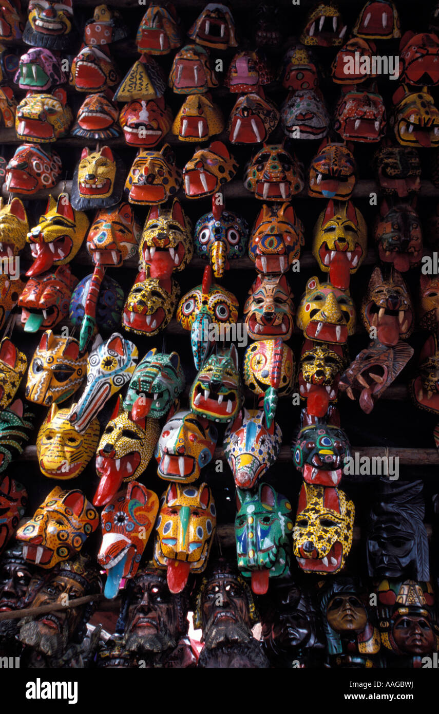 Wooden masks offered on native market Chichicastenango El Quiche ...