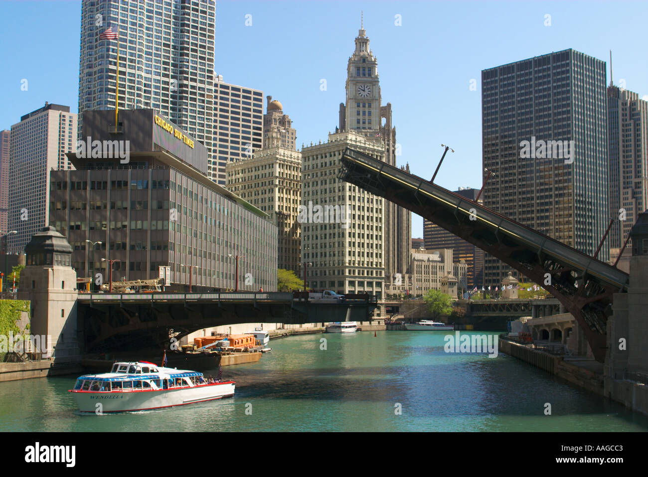 RIVER Chicago Illinois One side of bridge over Chicoag River raised for ...
