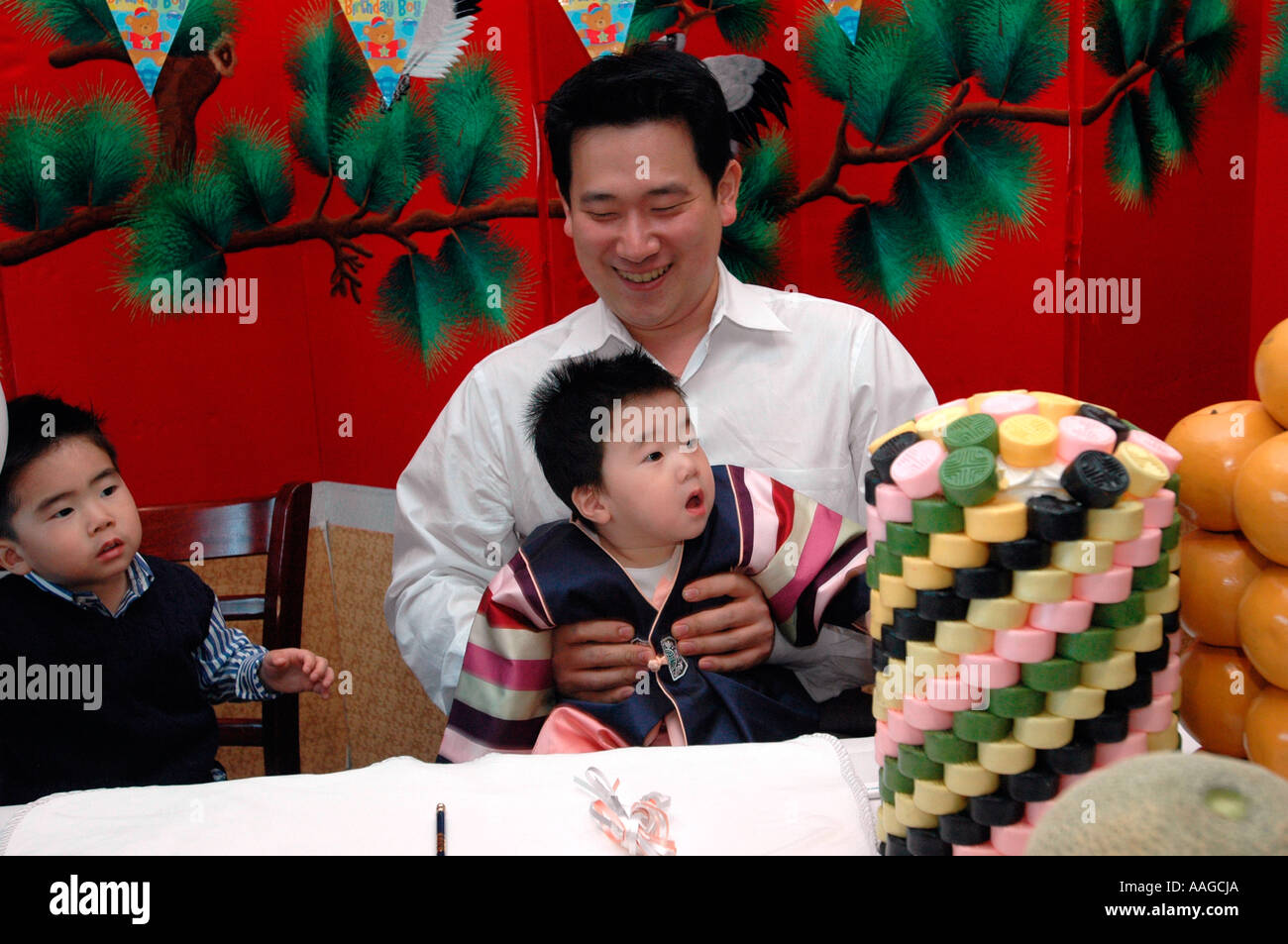 Korean one year old child with his father celebrates his first birthday ...