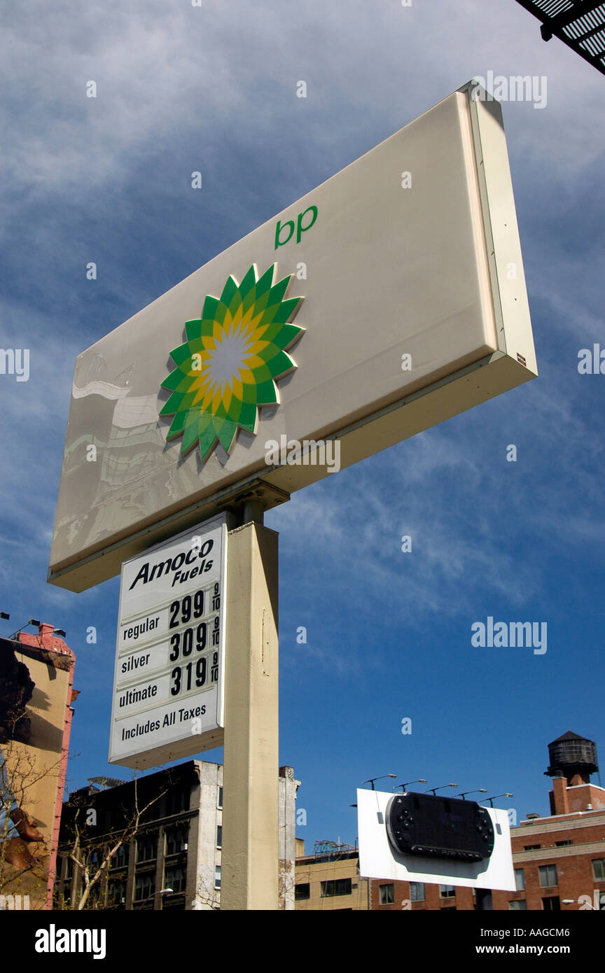 Prices for gasoline at a BP gas station in Soho in Manhattan Stock ...