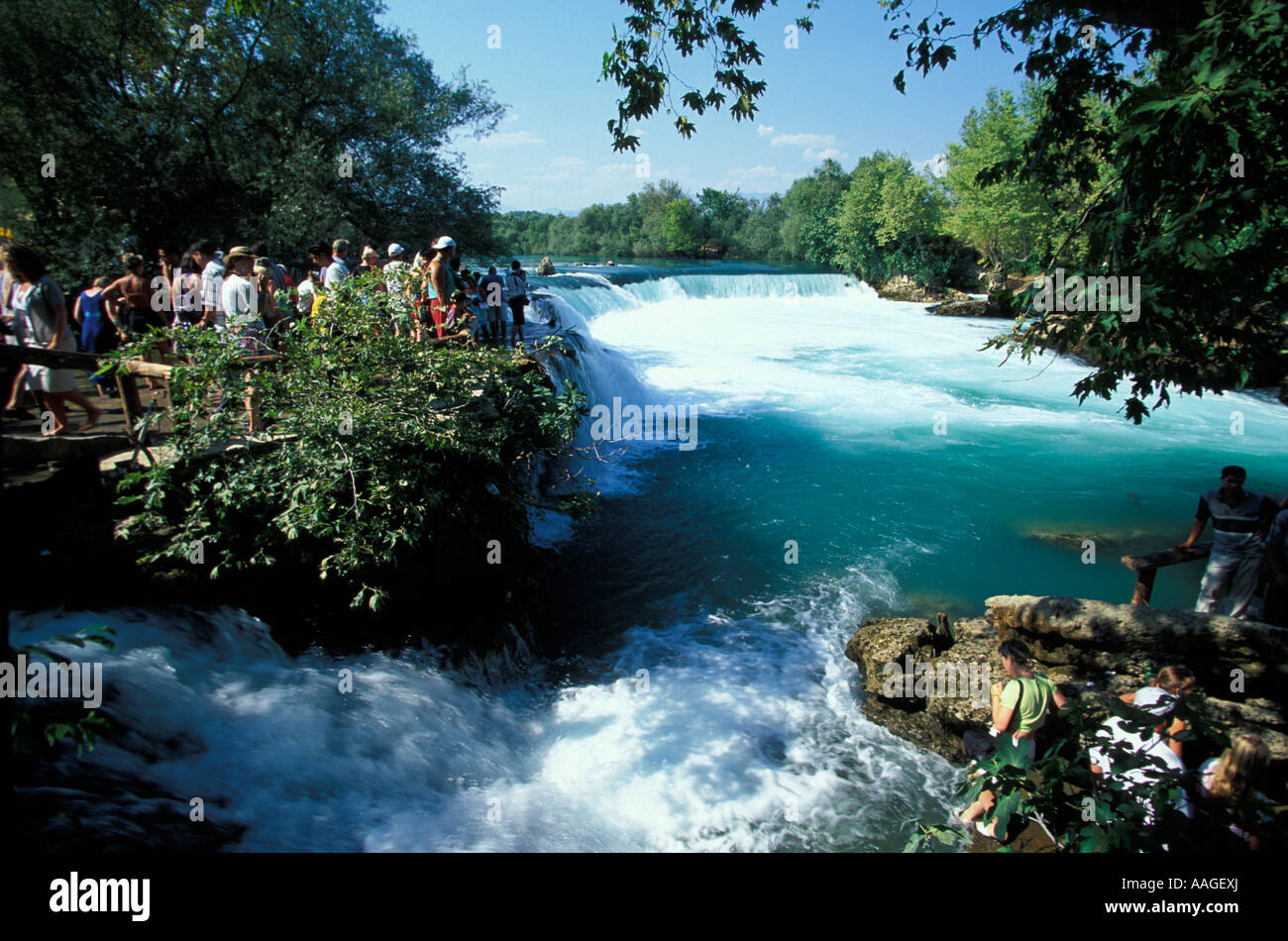 Tourists visiting Manavgat River and Falls near Side Antalya Turkish ...