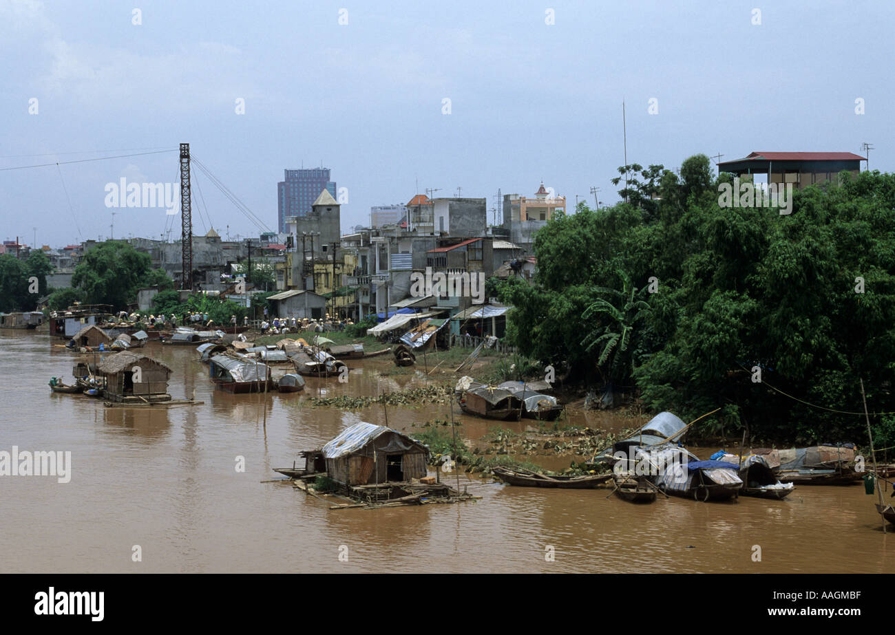 Vietnam Hanoi house boats on the Red River Song Hong with Long Bien ...