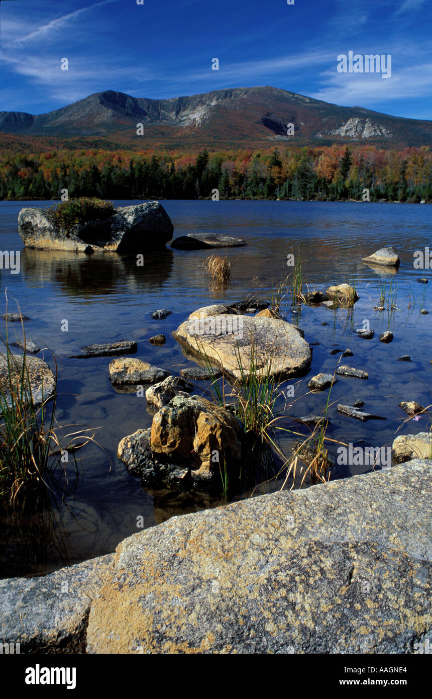 Rocks in Sandy Stream Pond with Mt Katahdin Stock Photo - Alamy