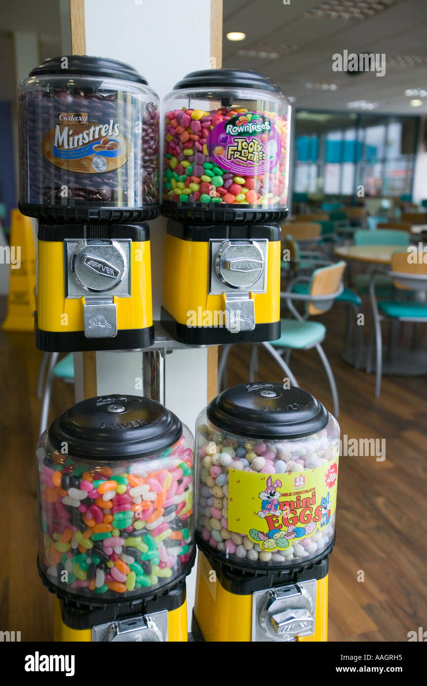 sweet machines in a motorway service station on the M6, Cumbria, UK ...