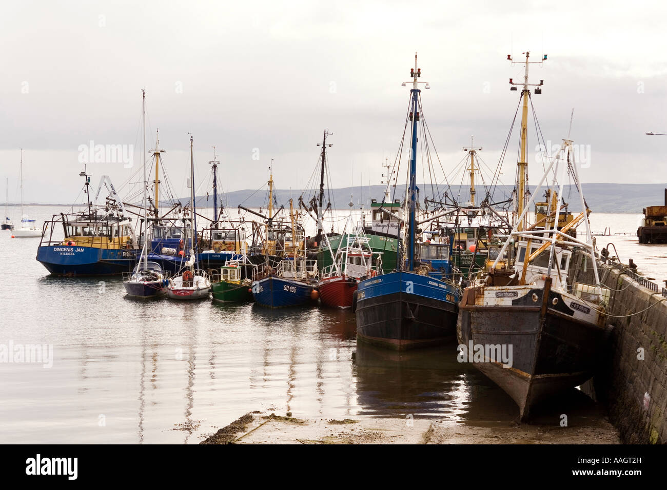 Ireland County Donegal Inishowen Peninsula Moville fishing craft moored ...