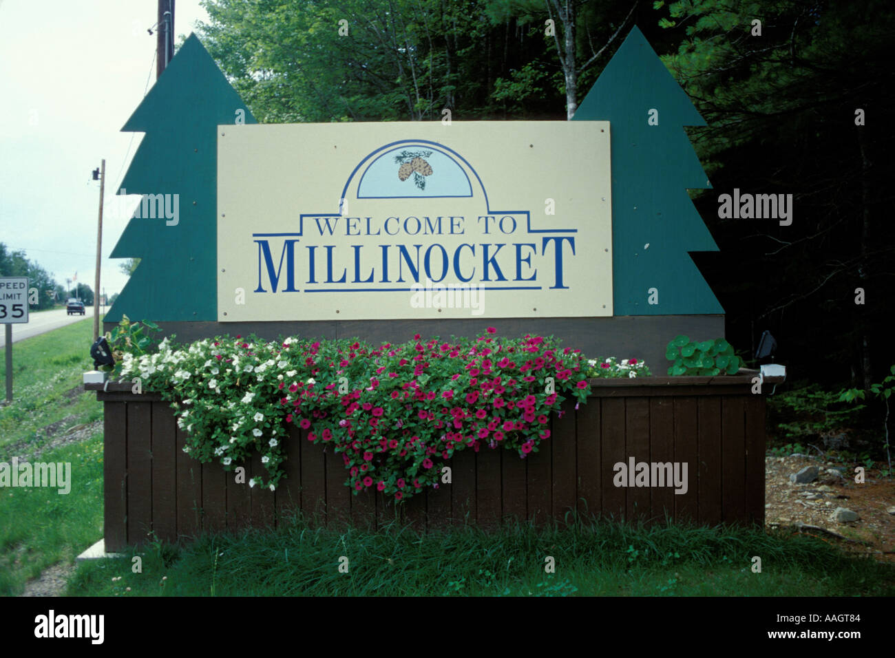 Millinocket ME Northern Forest Sign Visitors are welcomed Stock Photo ...