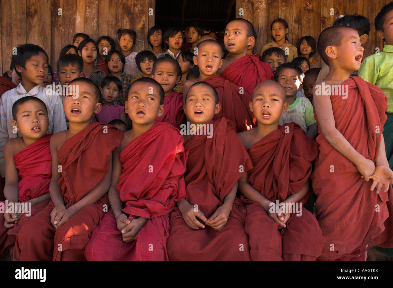 Myanmar Burma Shan state village of Thit La group of school children ...
