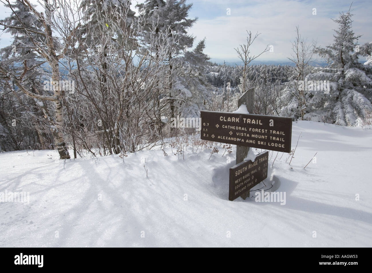 A trail sign in winter in Mount Cardigan in Canaan NH A trail sign in ...