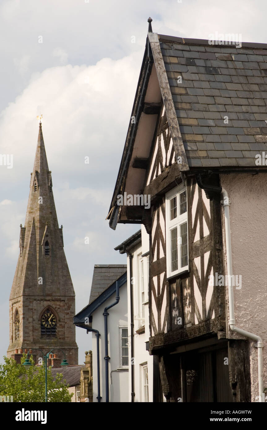 church steeple and half timbered town house in the centre of Ruthin ...
