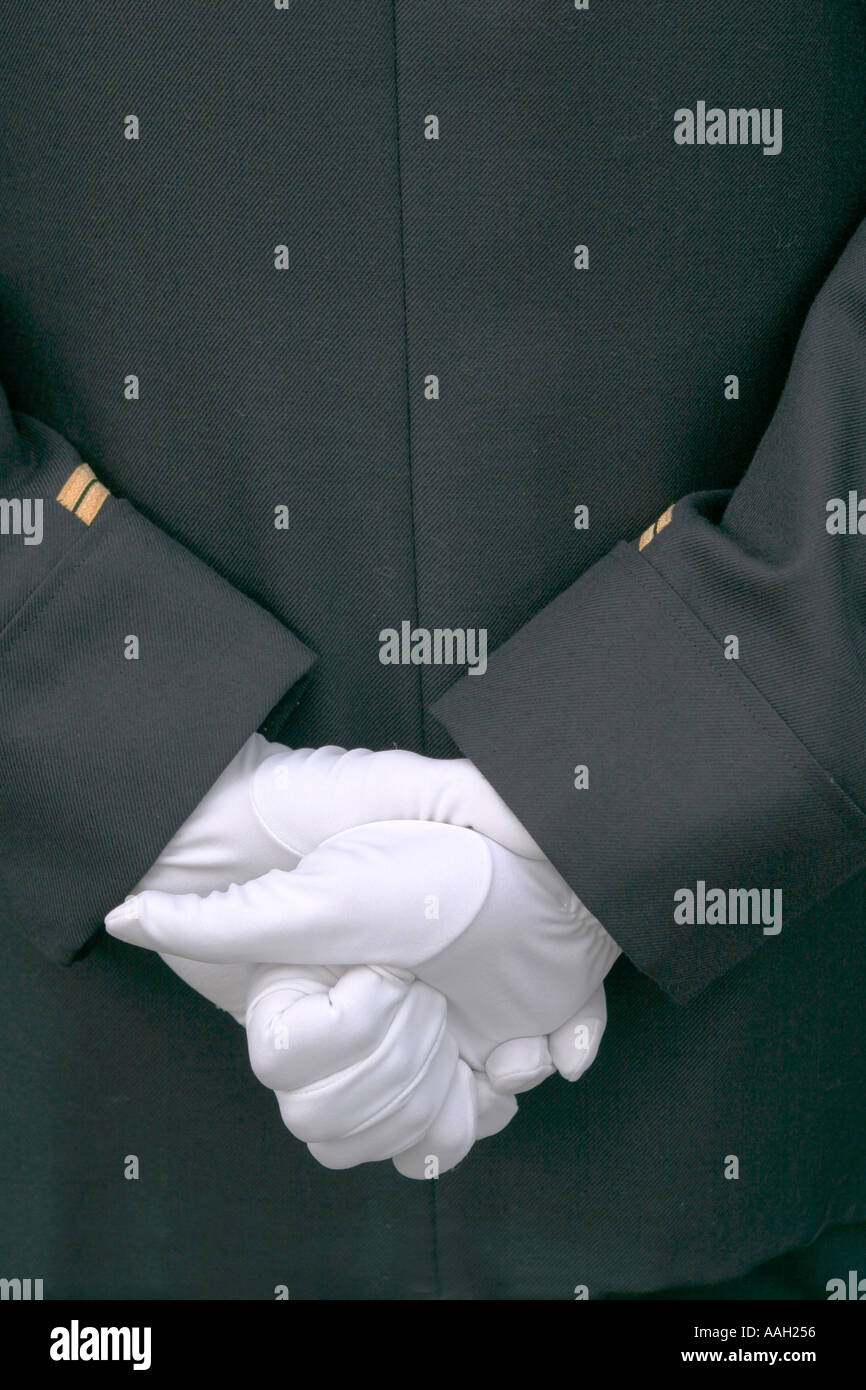 A soldier's hands in white gloves clasped together behind his back ...