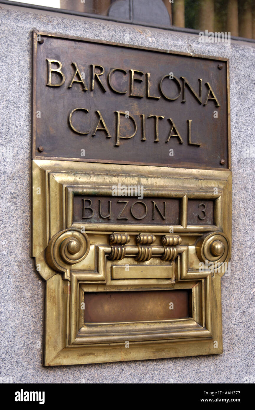 Close up of brass letter post mail box at the Palacio de Comunicaciones ...