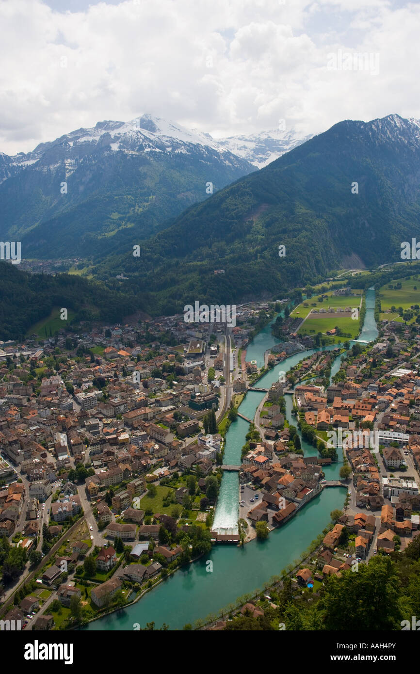 Aerial shot from a paraglider of Interlaken Bernese Oberland highlands ...