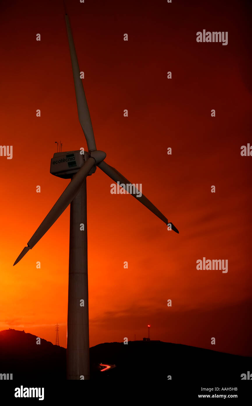 Dusk view of the first windmill energy field ever installed in Spain ...