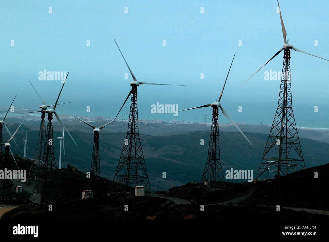 Dusk view of the first windmill energy field ever installed in Spain ...