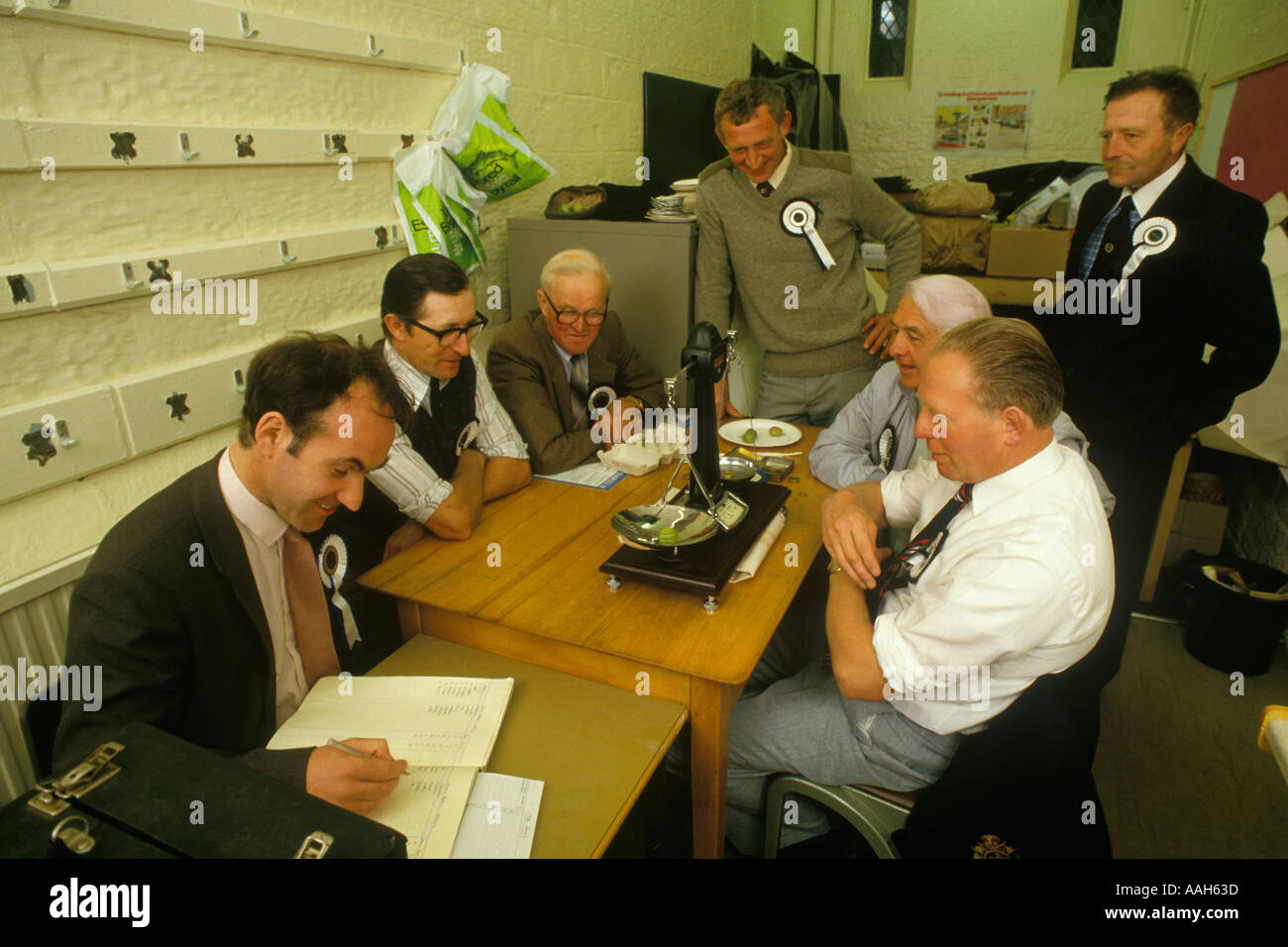 Egton Bridge Old Gooseberry show North Yorkshire 1990s UK. Judges weigh ...
