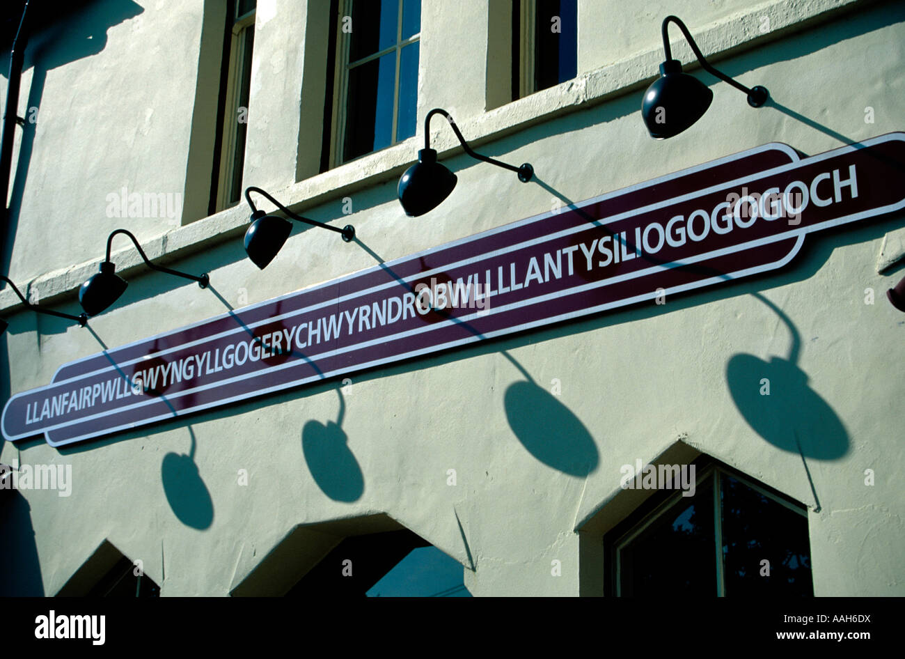 Place name sign Railway Station Llanfair Anglesey Wales Great Britain ...