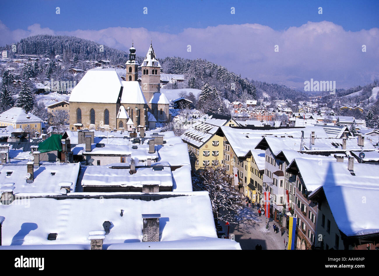 View over Kitzbuhel with parish church St Andreas and Church of our ...