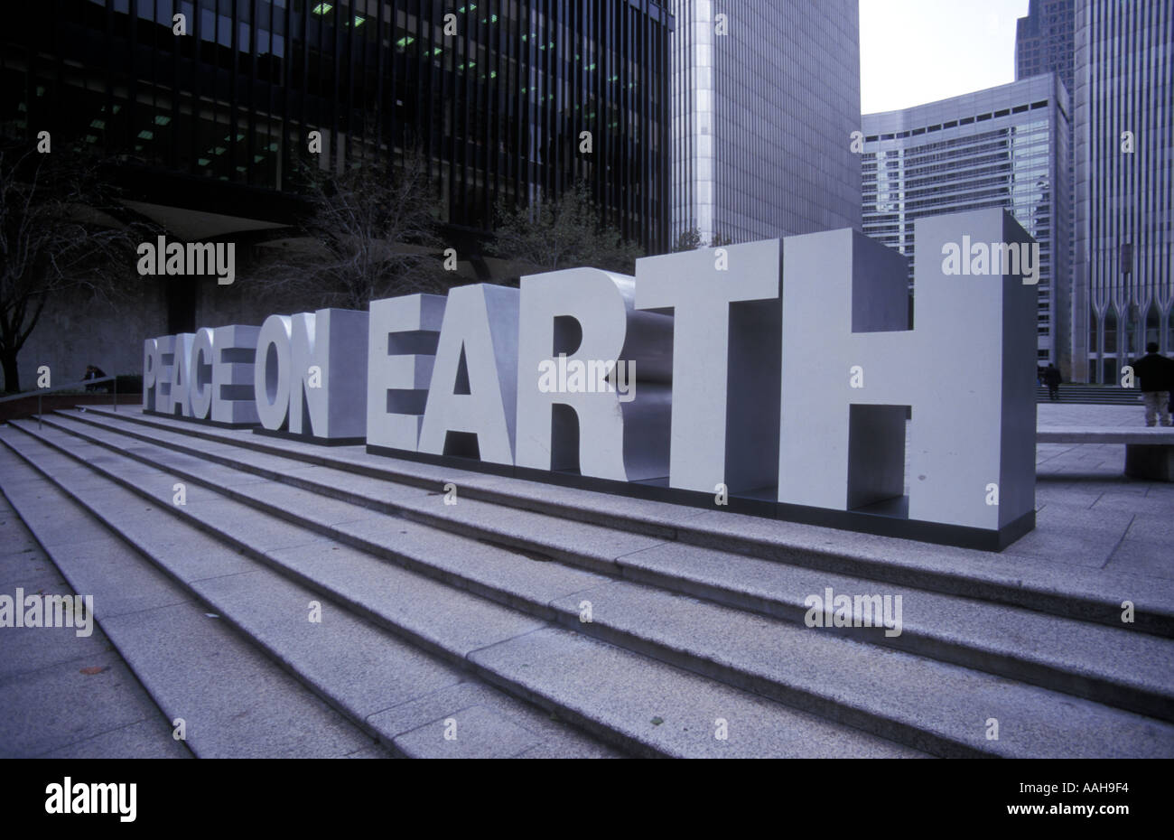 Sign spelling Peace on Earth in the plaza of the World Trade Center ...