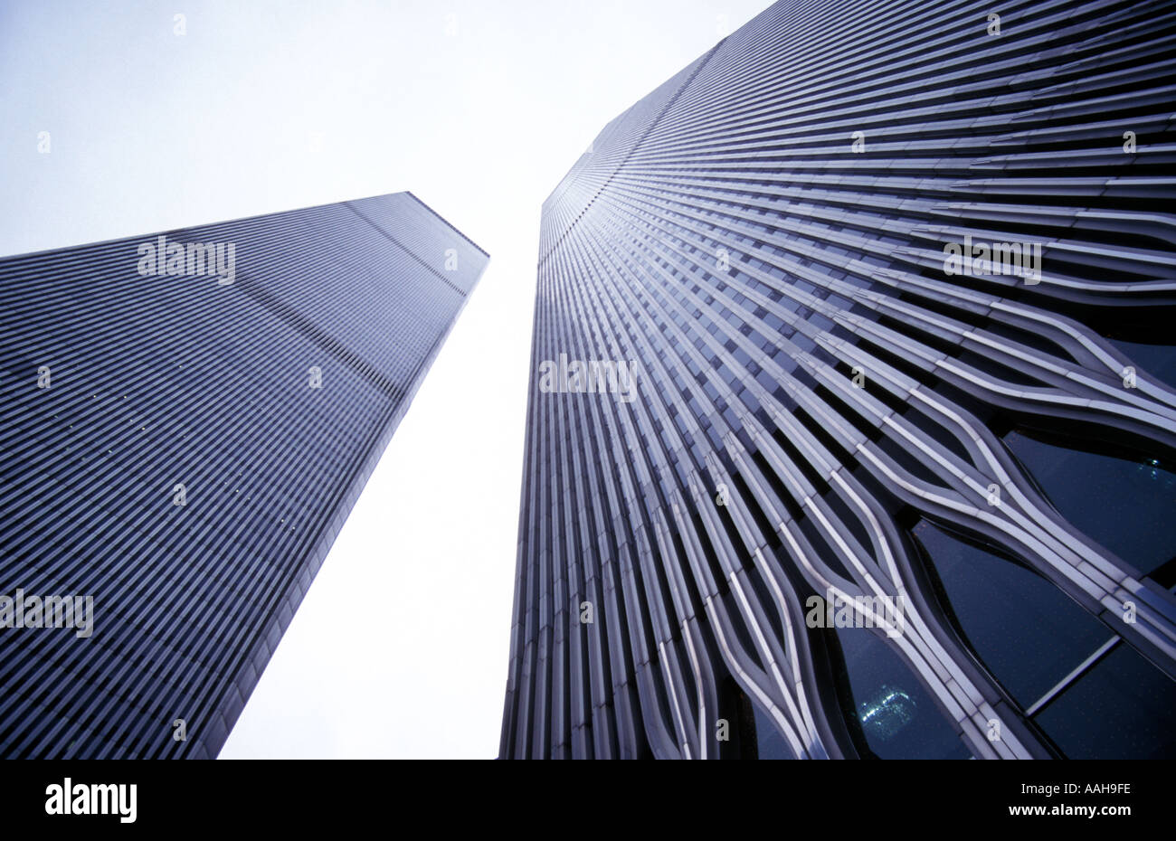 The Twin Towers of the World Trade Centre viewed from ground level ...